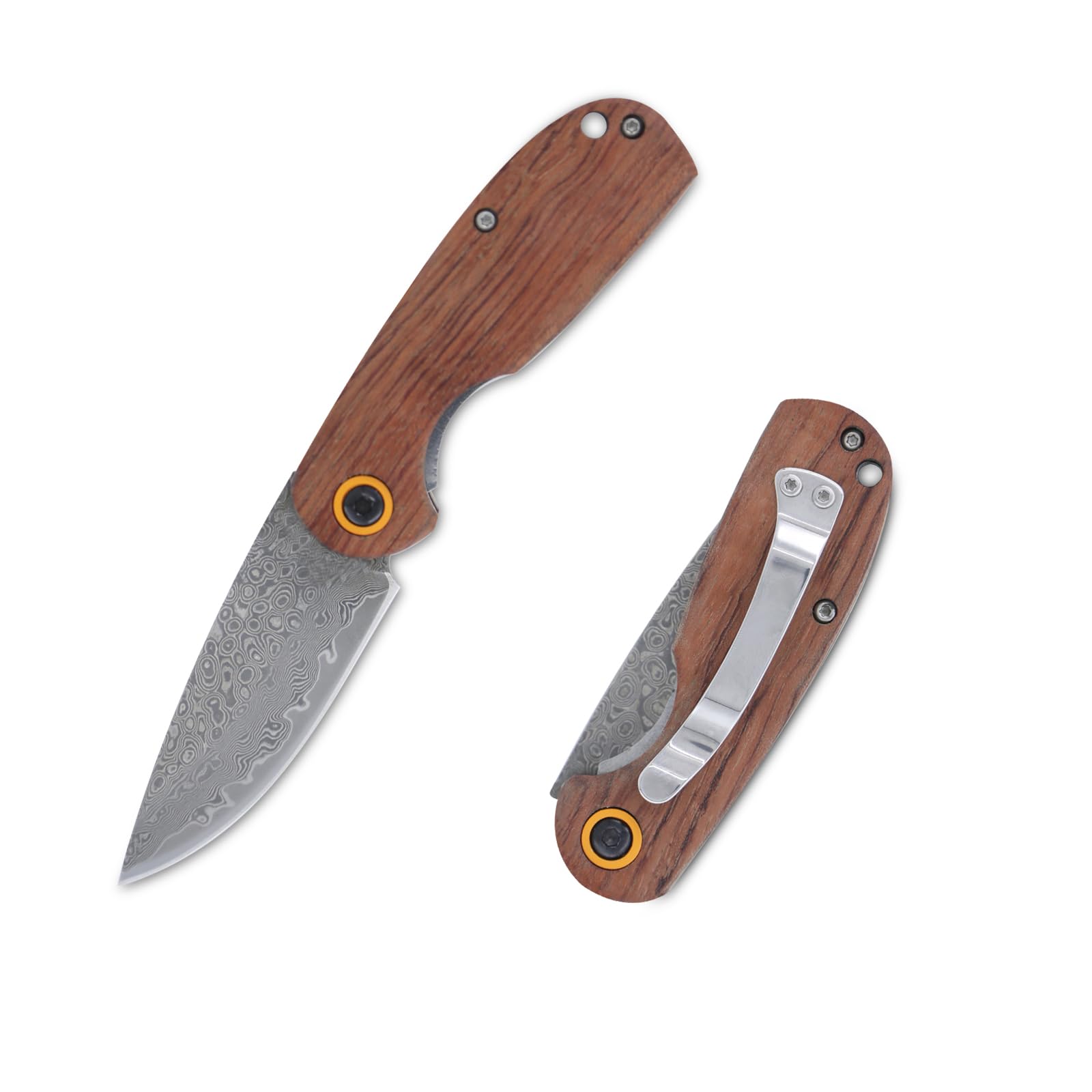 Generic Damascus Fold Pocket Knife,Gift for Men and Women with Pocket Clip,Wooden Handle EDC Knife for Camping,Hunting