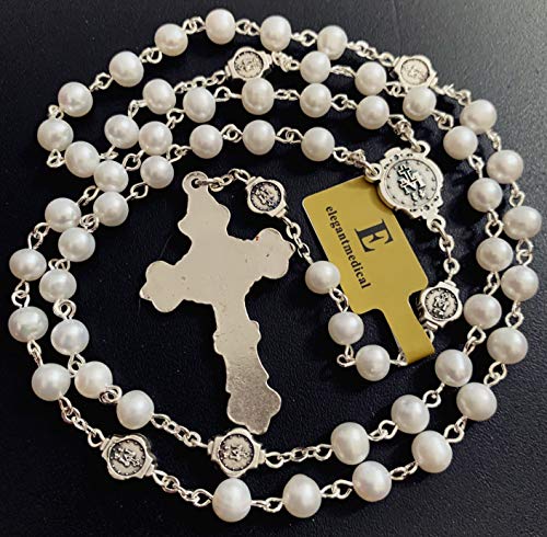 elegantmedical Handmade AAA 6MM Real Pearl Beads Catholic Our Lady Grace Rosary Cross Necklace Box Case Gifts (White)