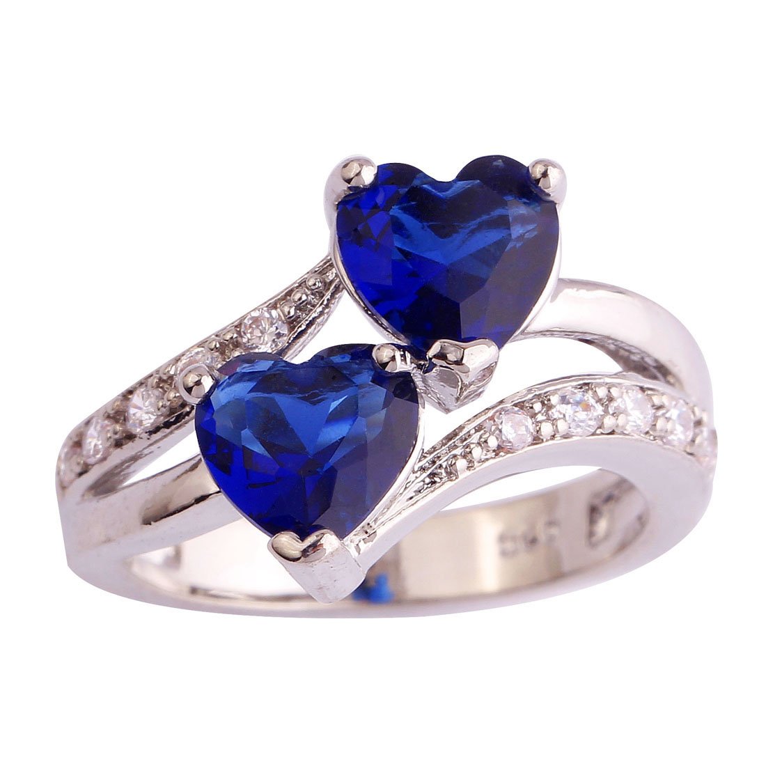 Emsione Vintage 925 Sterling Silver Plated CZ Double Heart Created Sapphire & Topaz Love Wedding Promise Ring