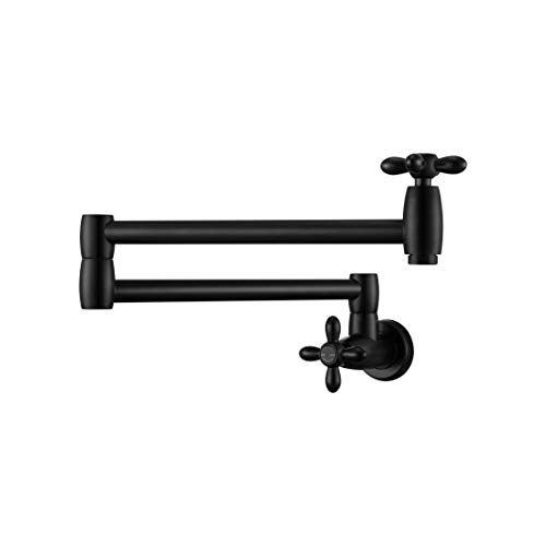 KRUZOO Pot Filler Kitchen Faucet Solid Brass Folding Wall Mount Stretchable Double Joint Swing Arm Single Hole 2 Handles Extending ArmďźMatte Black