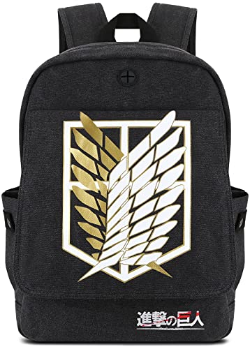 Roffatide Anime Attack on Titan Wings of Freedom Backpack for Men Printed Schoolbag Canvas Backpack Daypack with Headphone Hole Black