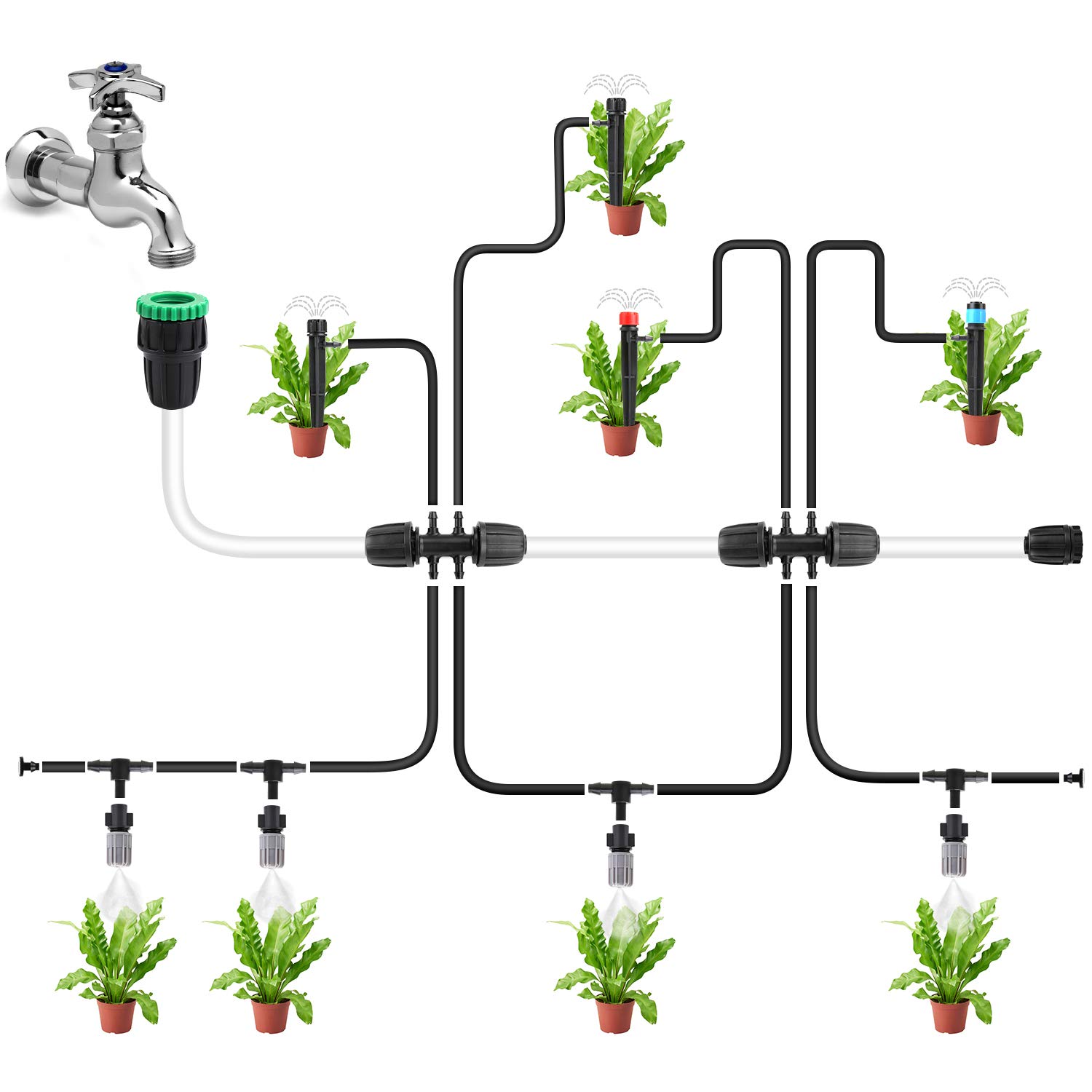 Flantor Garden Irrigation Kit,131ft 1/4" + 10ft 1/2" Drip Irrigation Kit Garden Irrigation System with Adjustable Nozzle Dripper Automatic Irrigation Equipment Set for Garden,Greenhouse, Patio,Lawn