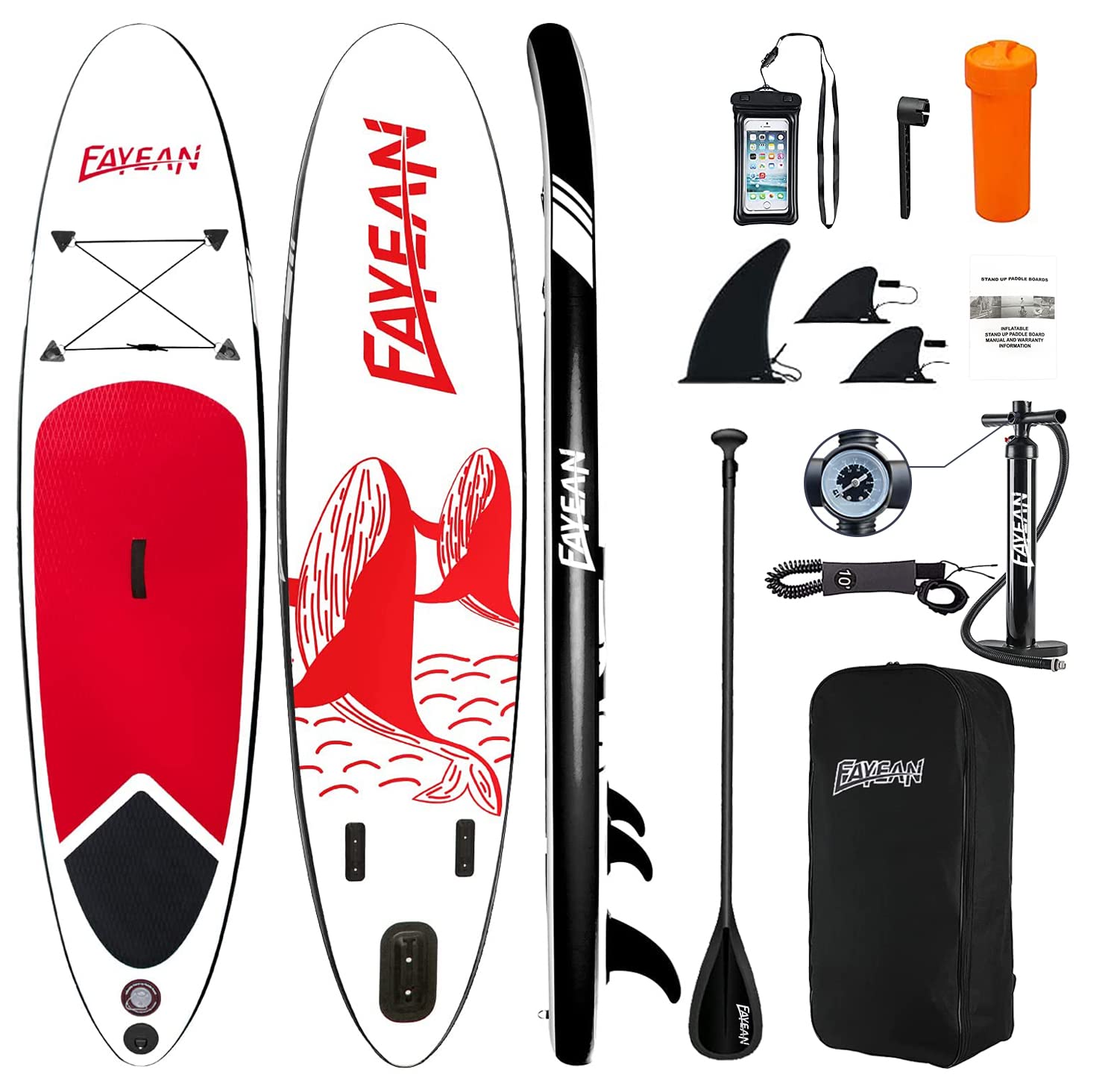 FAYEAN Inflatable Stand Up Paddle Board 10'x28“x6“ Round SUP ISUP Board Include Hand Pump, Paddle, Backpack, Coil Leash,Carry Bag, Repair Kit and Waterproof Case (Red Whale)