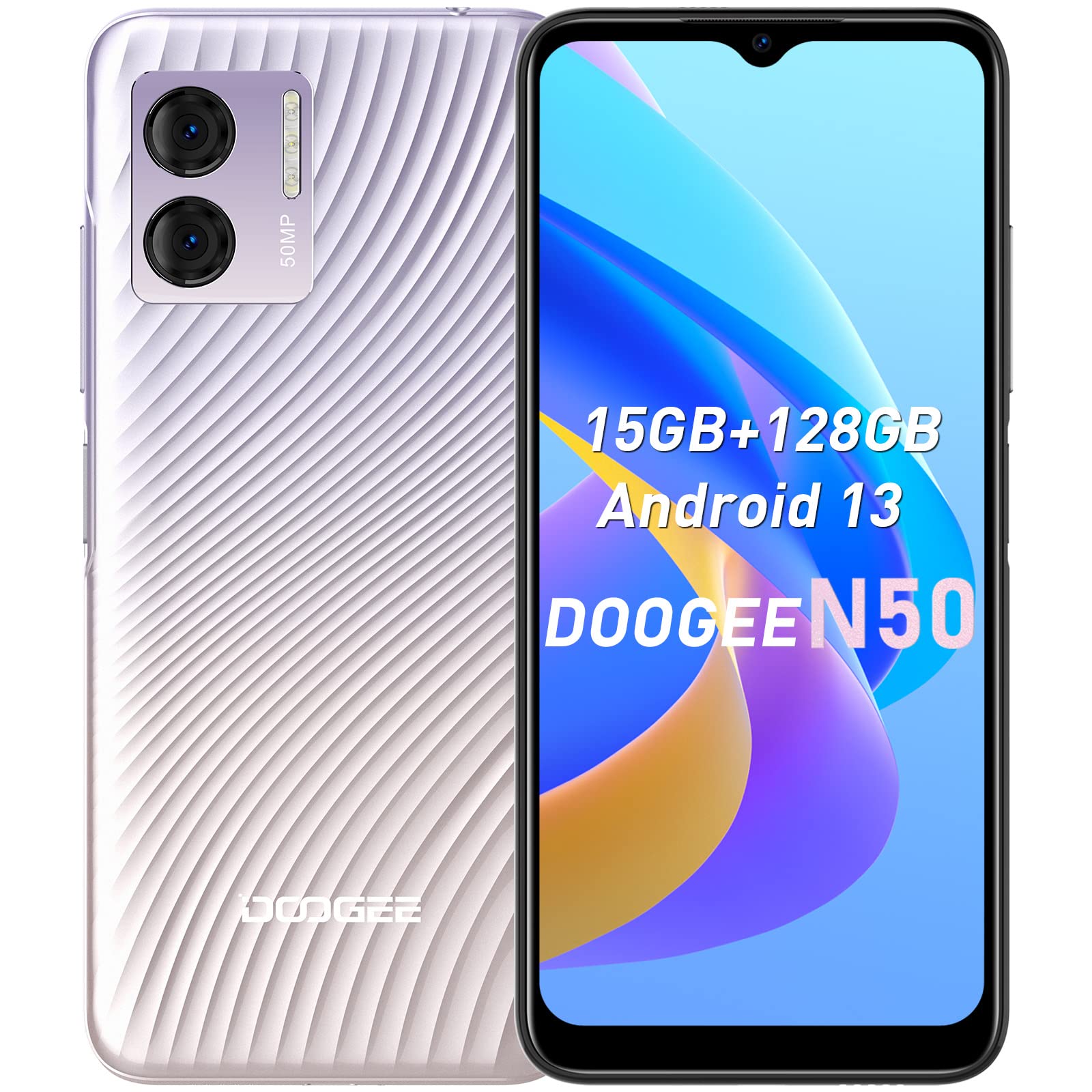 DOOGEE N50 Unlocked Android Phone 2023, 6.52" FHD Smartphone 15GB RAM+128GB ROM (TF 1TB) Android 13 Cell Phones, Octa Core, Dual 4G SIM, 18W PD 4200mAh, 50MP+8MP Camera, US Version