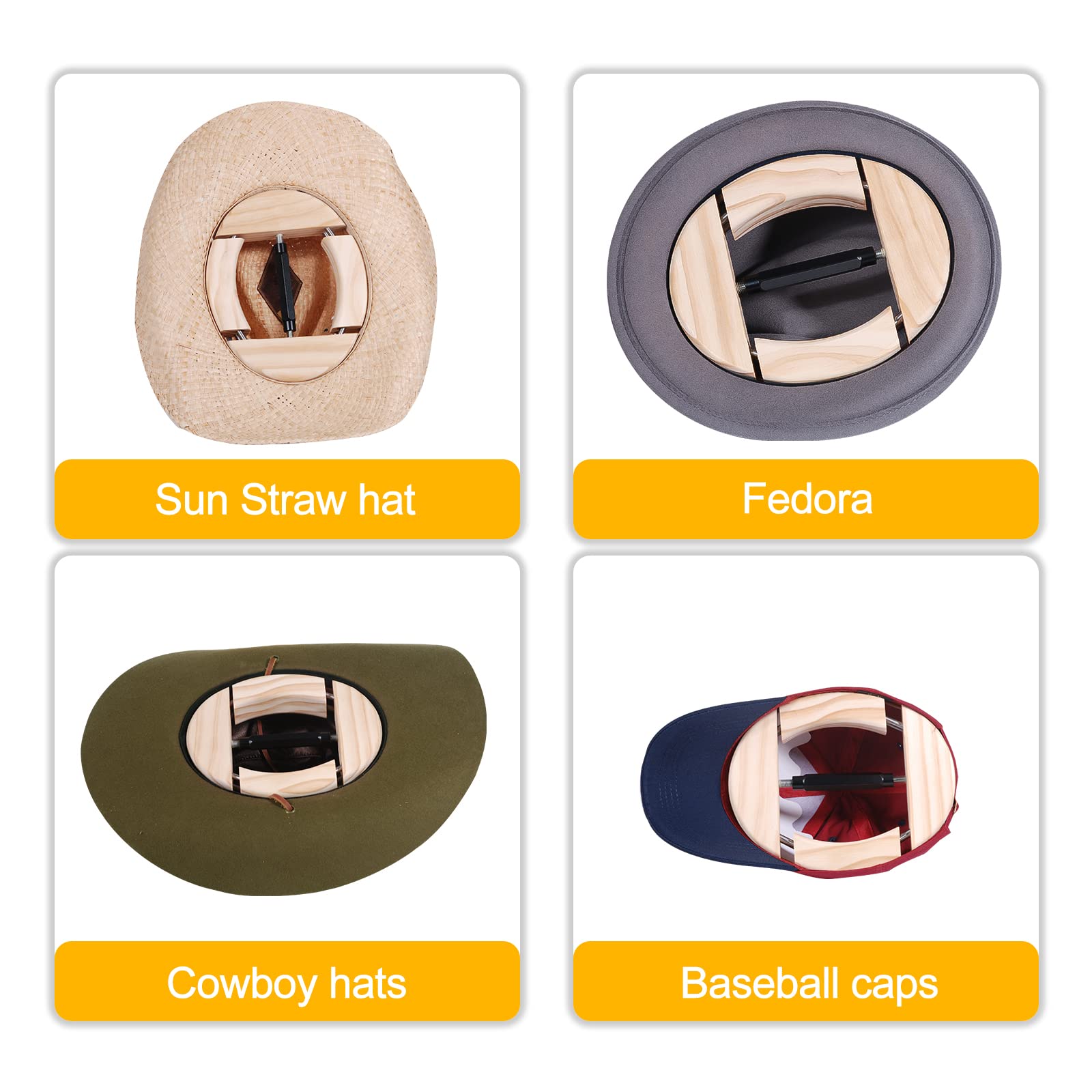 H.Busque Hat Stretcher for Fitted Hats for Cowboy Men Baseball Cap Hat Extender Shaper for Fedoras with Turnbuckle Adjustable Size 7 1/2 to 9 3/4 Black