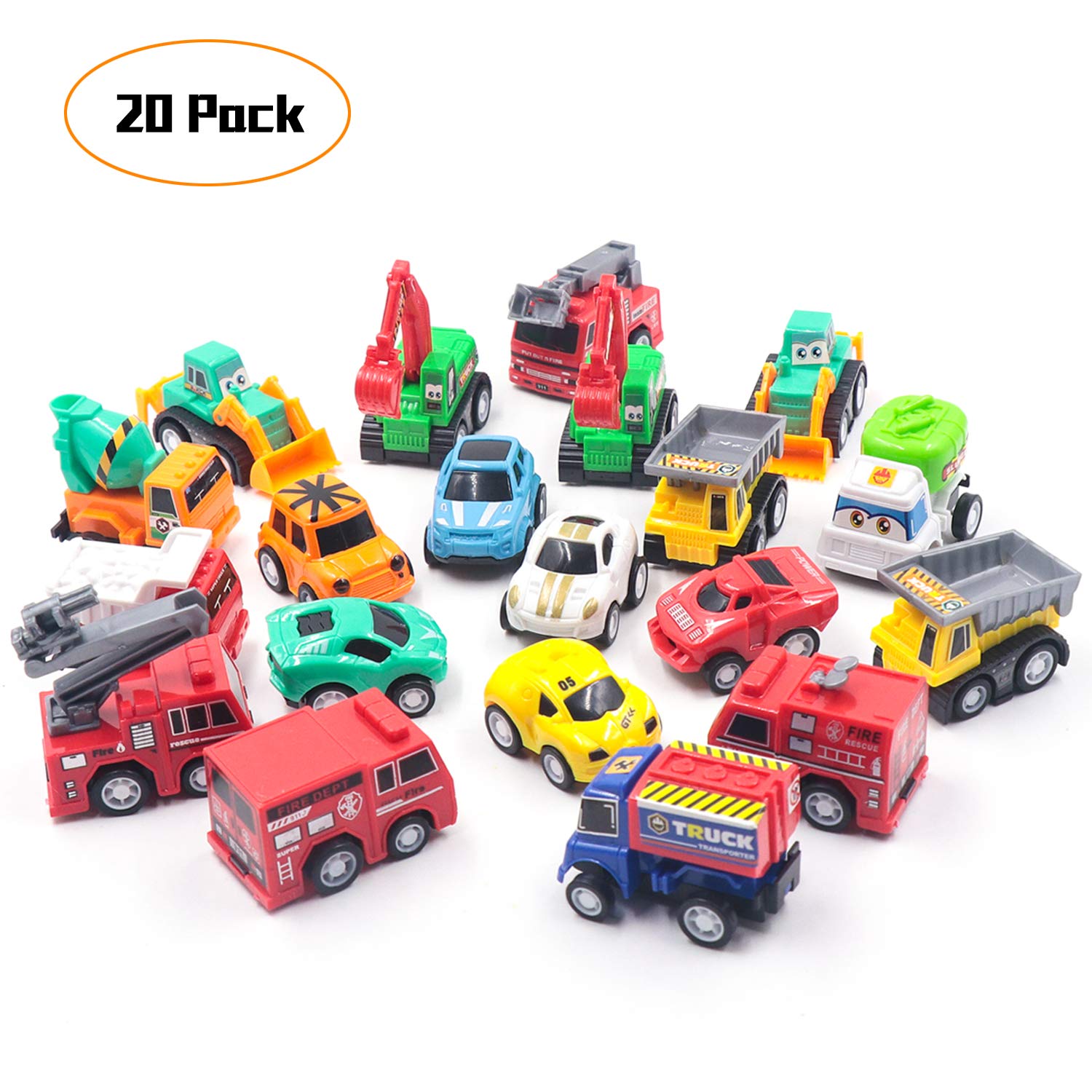 FRETOD Pull Back Vehicle, 20 Pcs Pull Back Toy Cars, Pull and Go Toy Cars for Toddlers and Kids