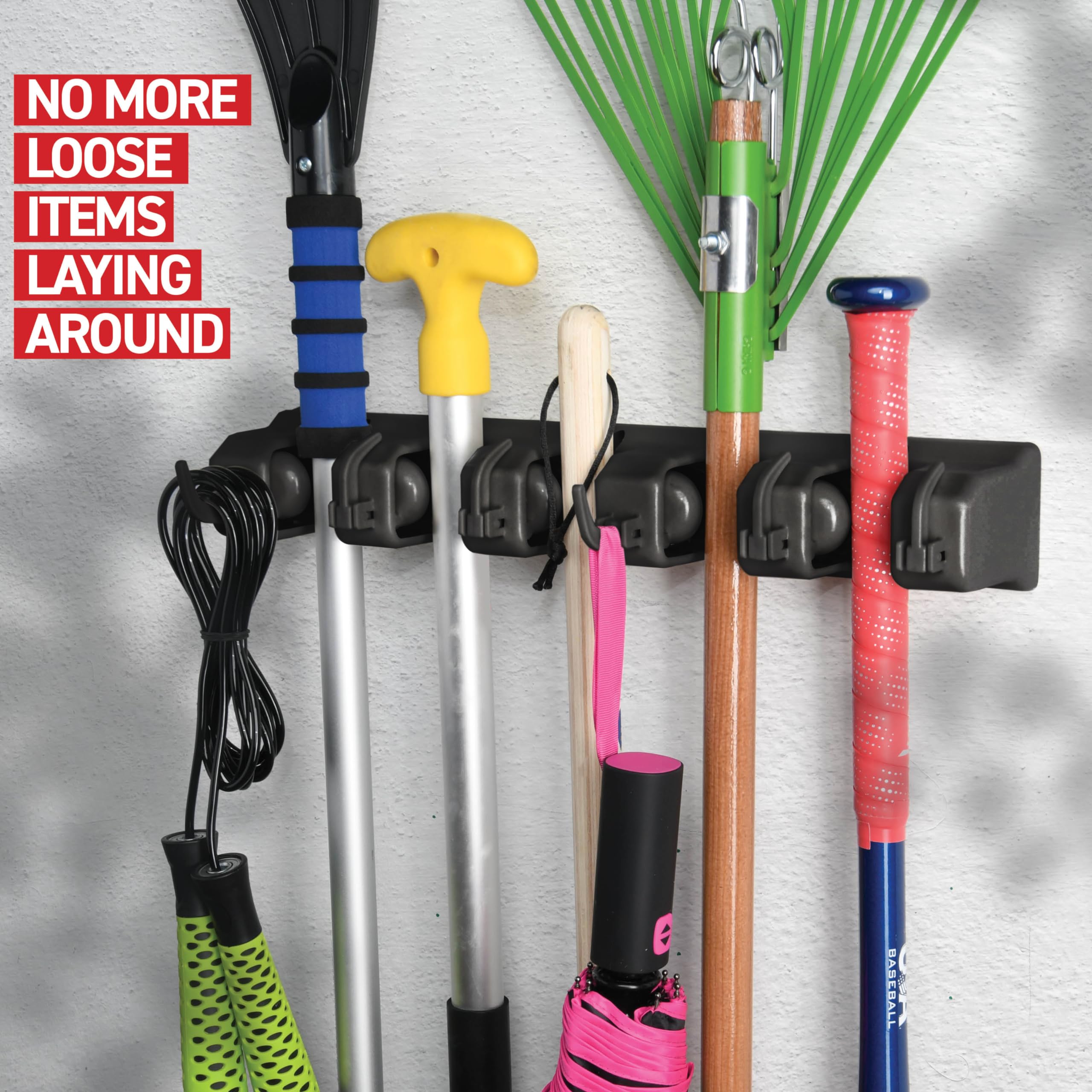 Mop and Broom Holder Wall Mount - Garage Storage Organizer with 5 Slots, 6 Hooks, 7.5lbs Capacity Per Slot - Home, Kitchen, Closet, Garden Tools, Laundry Room Organization β Black Broom Hanger