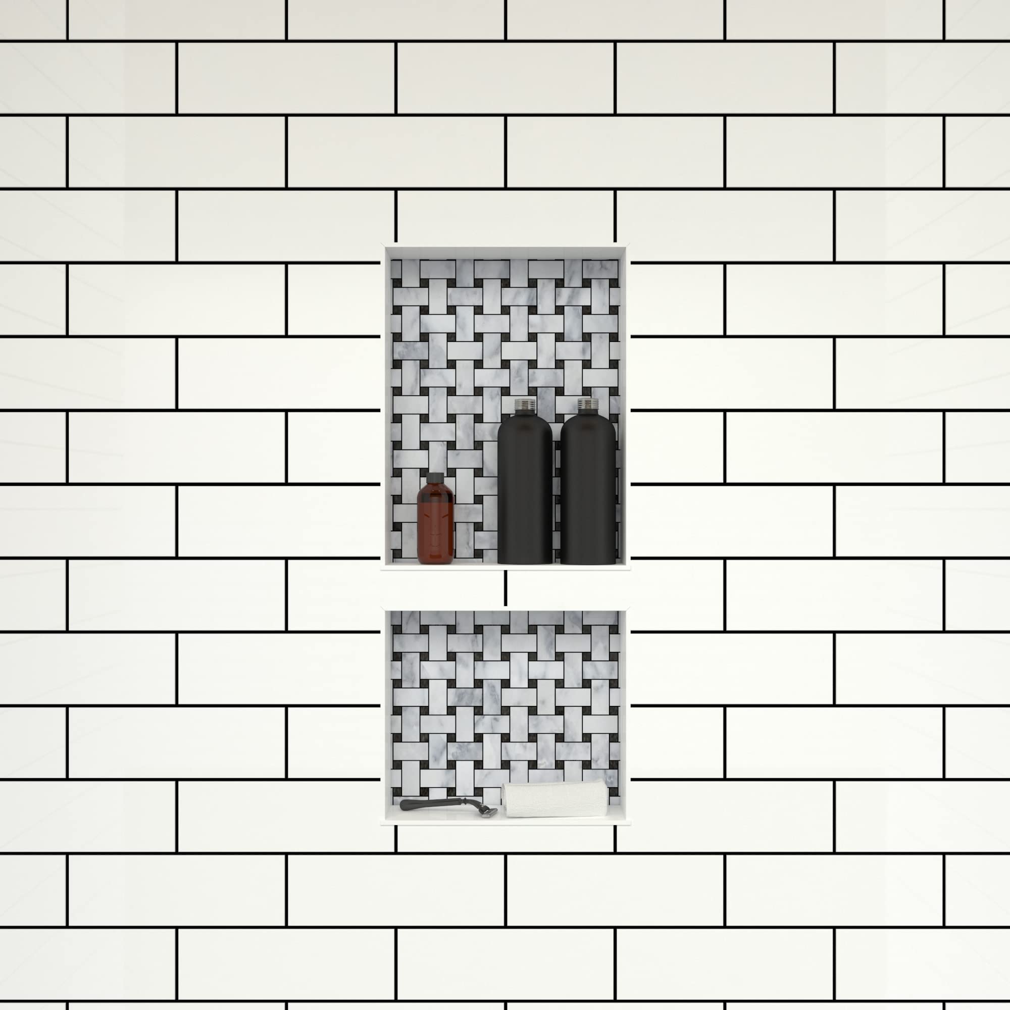 Redi Niche Double Niche Recessed Shower Shelf- Black, Two Inner Shelves, 16-Inch Width x 34-Inch Height x 4-Inch Depth