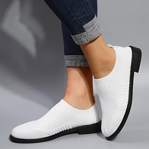 FASDNENDYS Fashion Autumn Women Casual Shoes Low Heel Flat Solid Color Fly Woven Mesh Breathable Comfortable Solid Men Fashion White