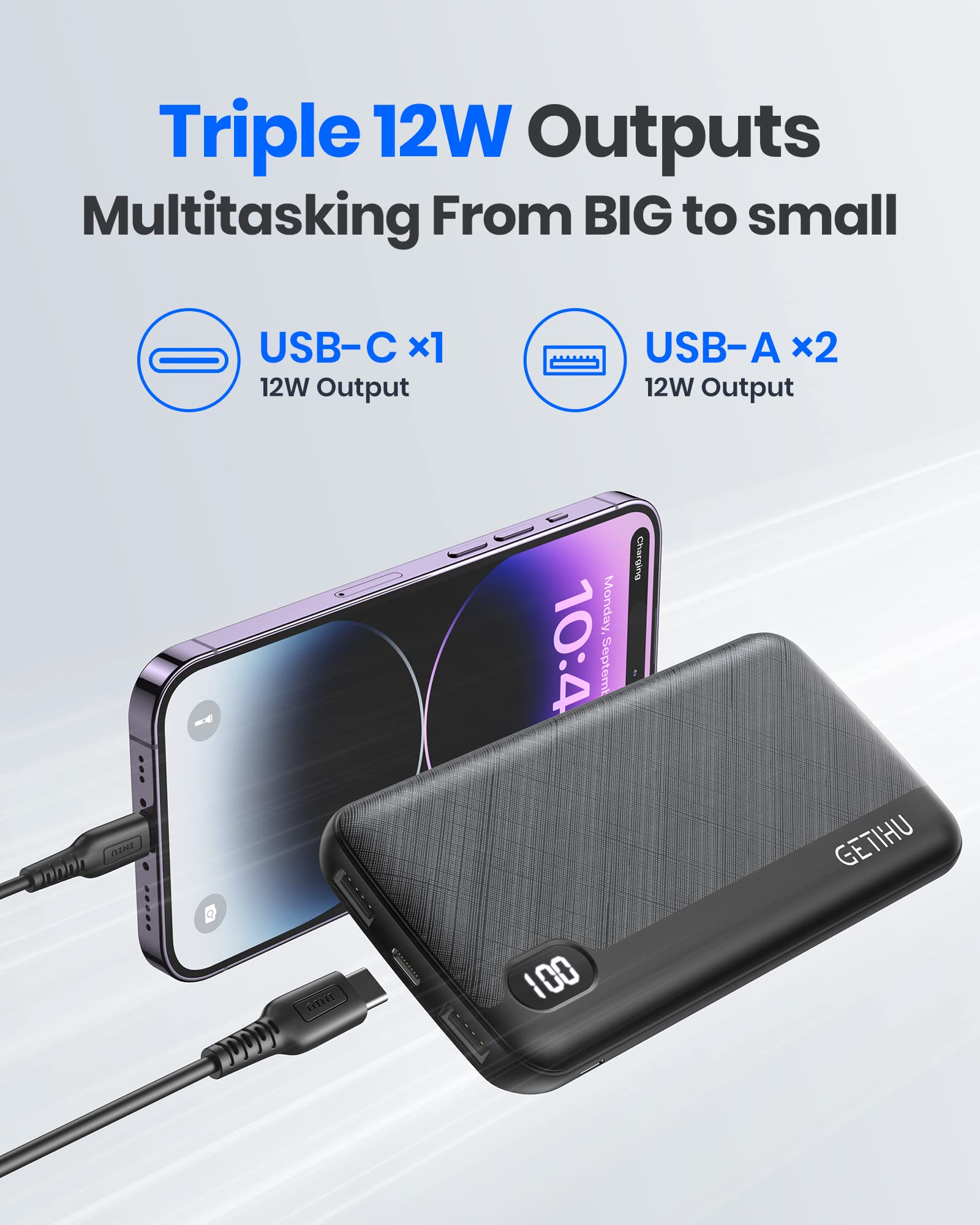 GETIHU Portable Charger, 2-Pack Slimmest 10000mAh USB C Triple 2.4A High-Speed LED Display Power Bank, External Battery Pack Compatible with iPhone 14 13 12 Pro X Samsung S22 Google LG iPad Tablet etc
