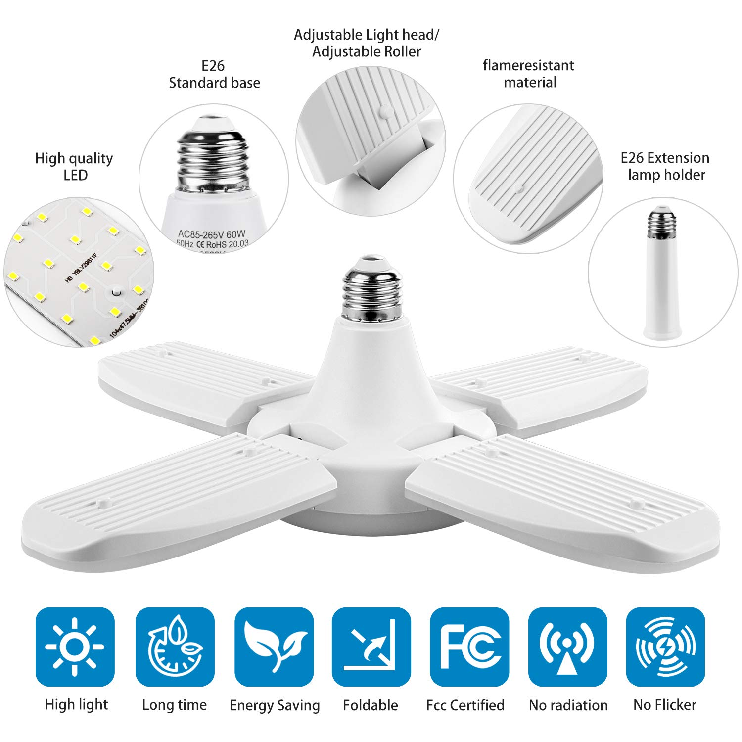 FanNicoo LED Garage Lights 500W Equivalent Deformable Ceiling Bulb 45W 4500LM 6500K Cool Daylight White,E26/E27 Medium Base Led Shop Light for Garage Basement Shop Workshop Warehouses Barn