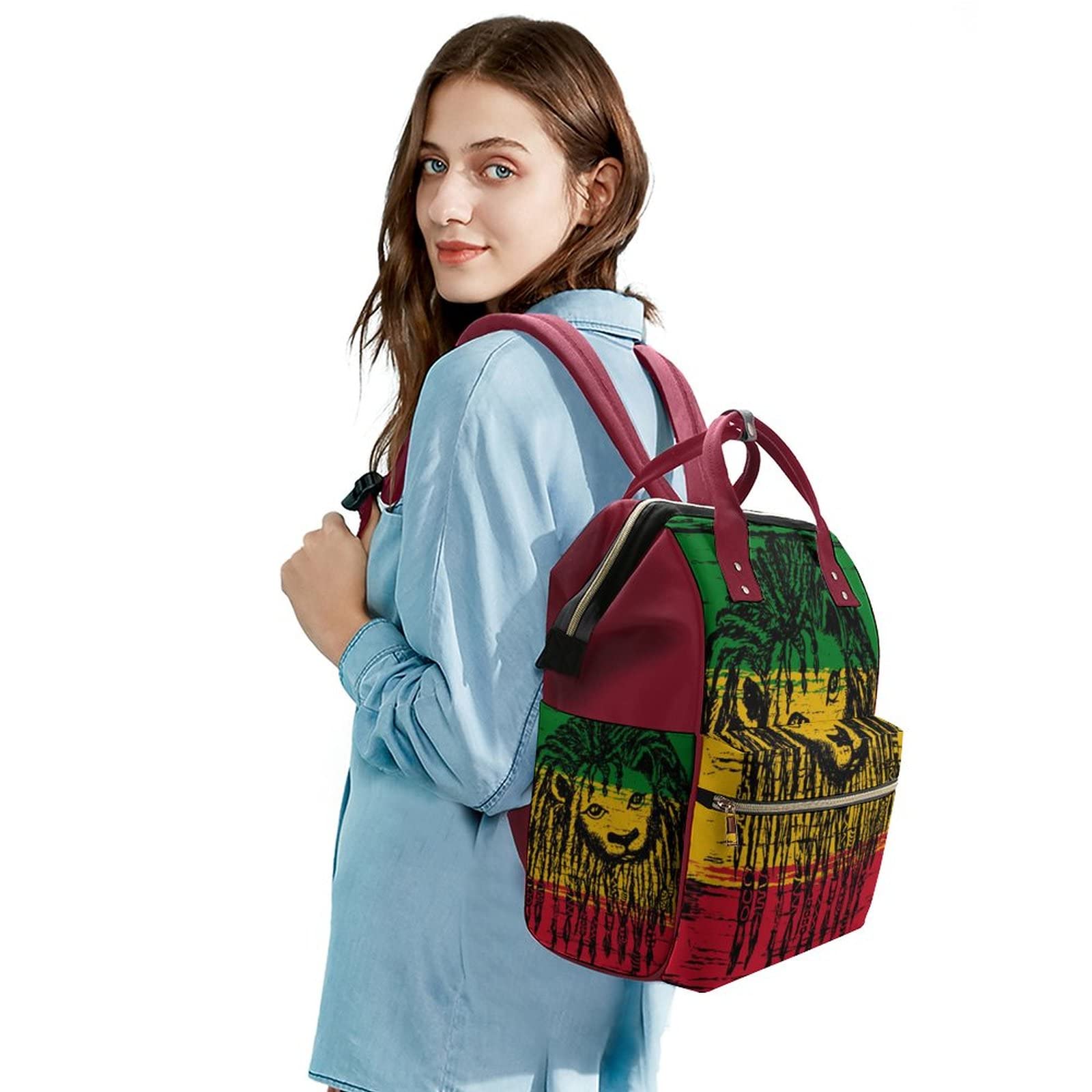 Lion on Jamaica Flag Diaper Bag Backpack Large Capacity Mommy Bags Multifunction Nappy Bag Travel Back Pack Red-Style