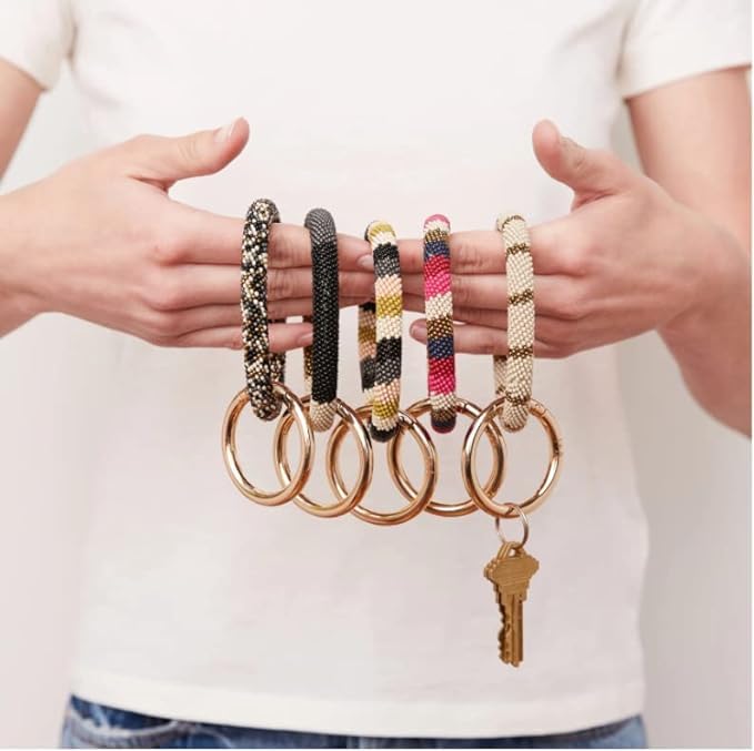 INK + ALLOY Women's Chloe Beaded Key Ring and Bracelet Handmade Jewelry for the Modern Bohemian (Ivory Gold Stripes)
