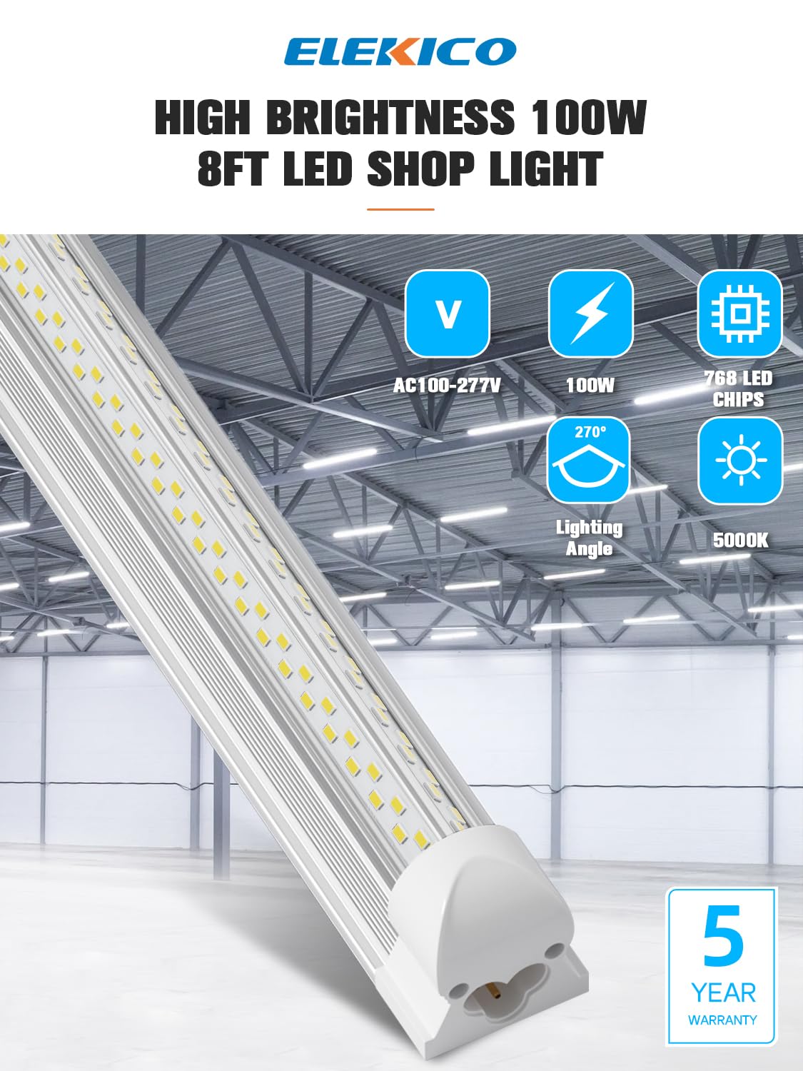ELEKICO 8FT LED Shop Light, Super Bright 100W Shop Lights, 15000LM 5000K 8 Foot Led Lights, Linkable 96" LED Shop Lights Lighting for Garage with Plug, V Shape T8 8' Led Light Fixtures 10 Pack