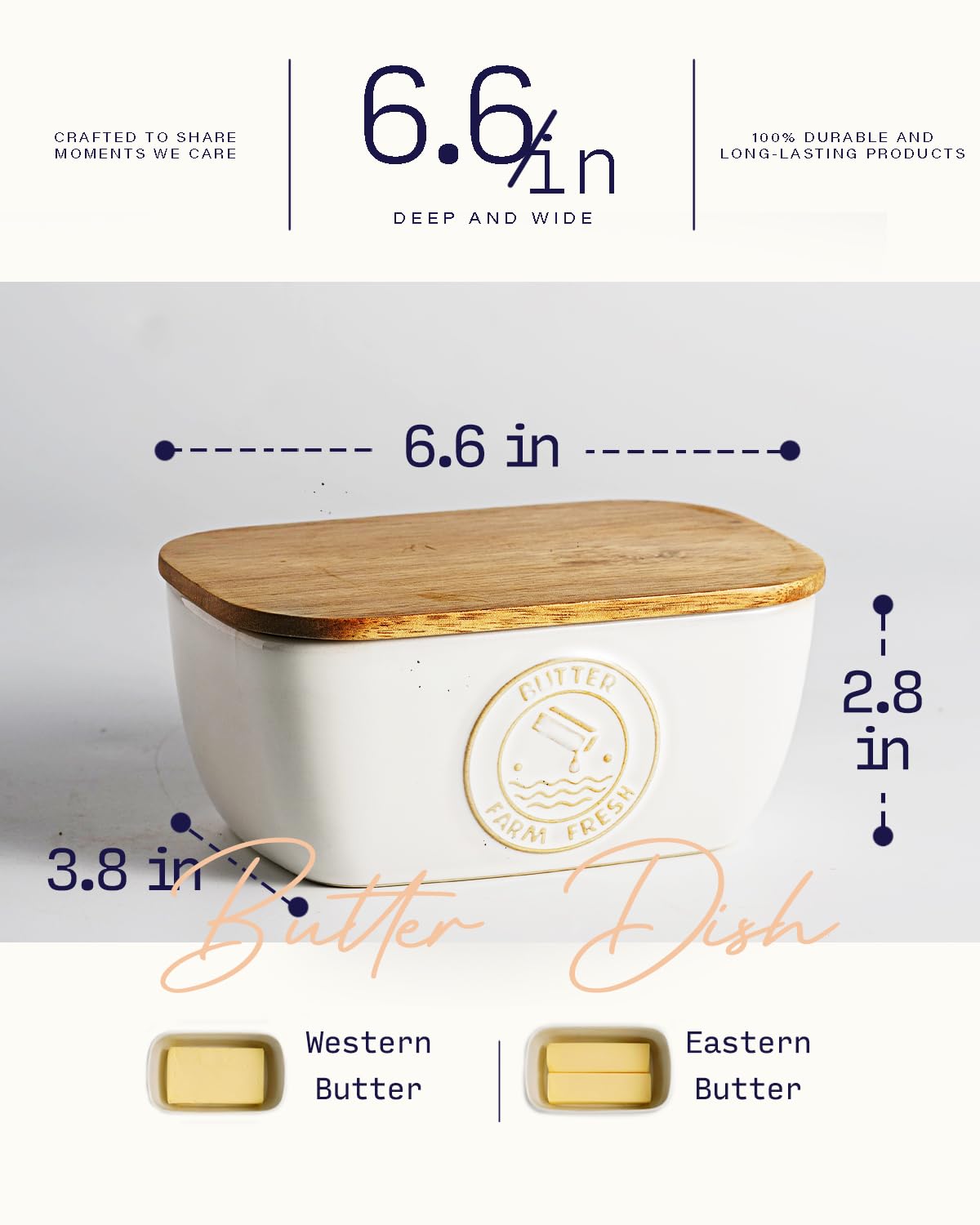 Getstar Ceramic Butter Dish with Acacia Lid for Countertop, Silicone Sealing, Farmhouse Kitchen Counter Decor, Large Butter Keeper Container (6.5βx4β)