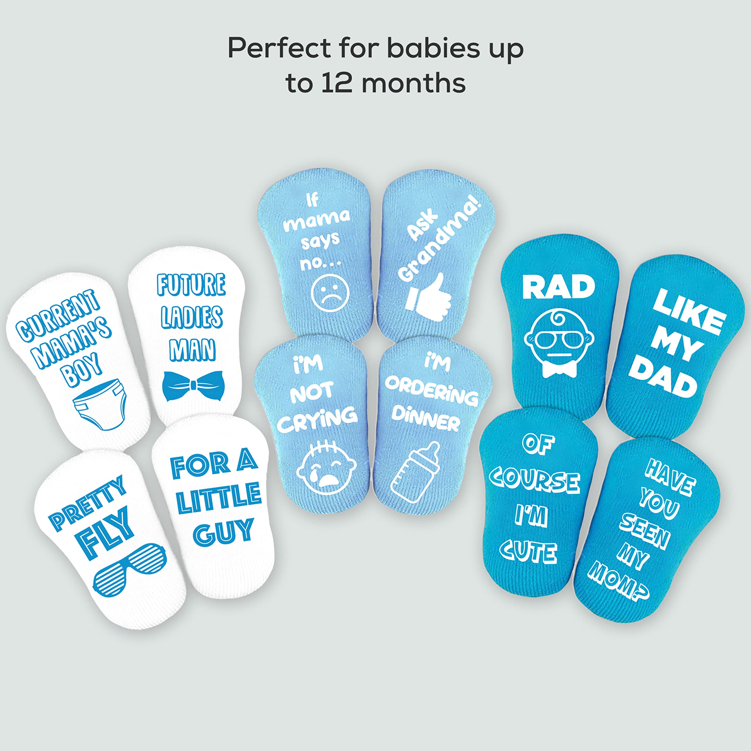 First Landings Baby Socks Gift Set - 6 Pairs of Infant Socks with Adorable Quotes - Ready-to-Gift Packaging - Blues