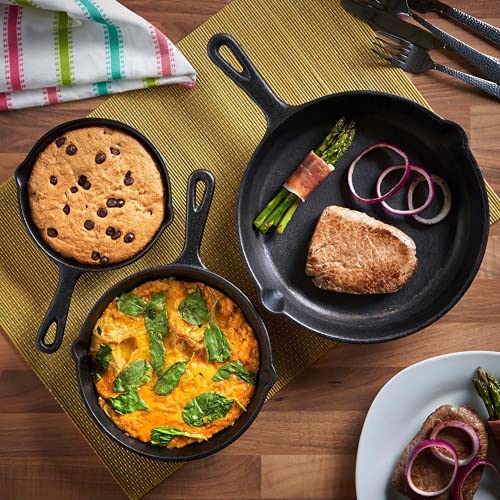Jim Beam Su Set of 3 Pre-Seasoned Cast Iron Skillet Set | Heavy-Duty Construction for Superior Heat Retention & Even Cooking,6 1/4,7 3/4,9 3/4 , Black