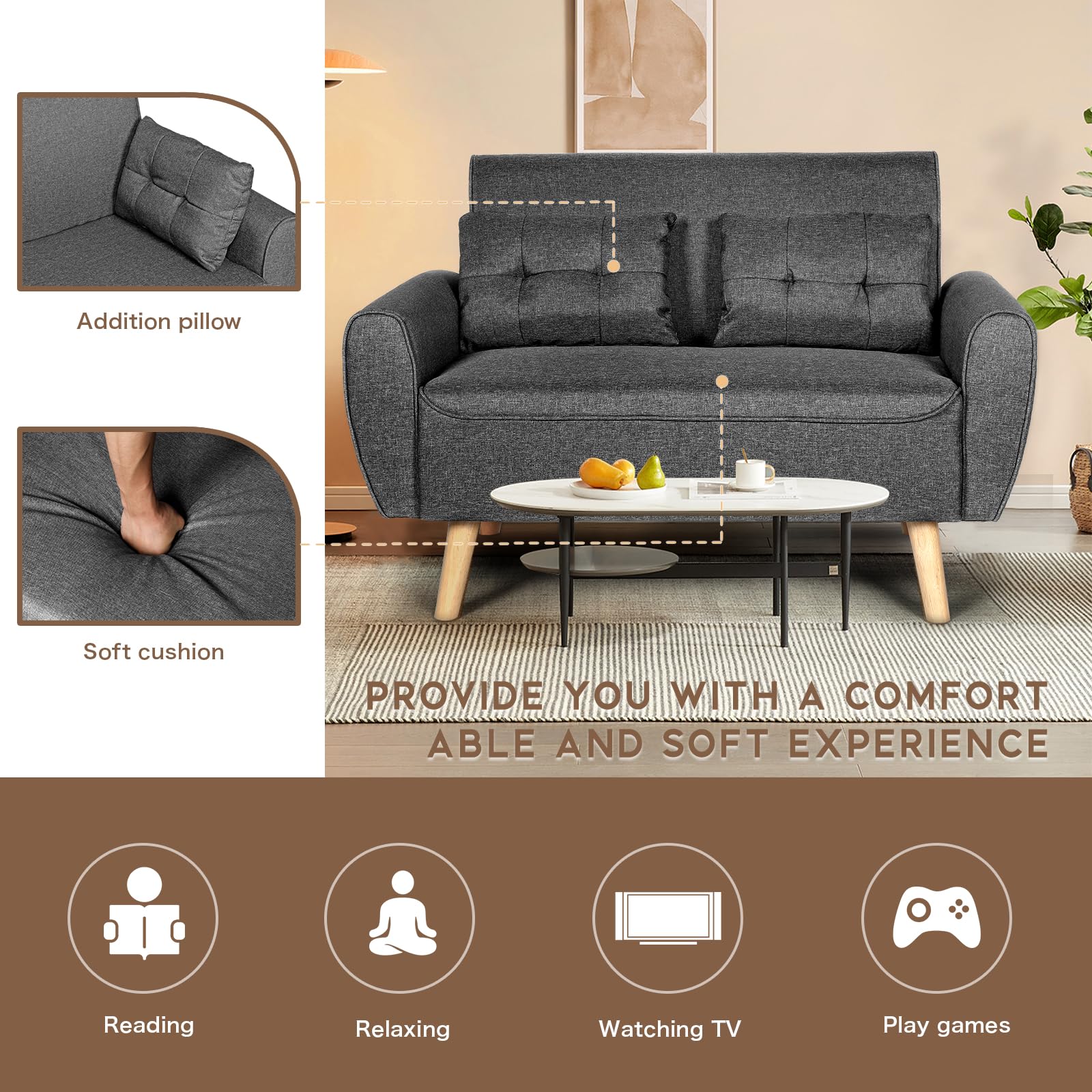 Oakmont 44" Small Modern Linen Fabric Loveseat Sofa, Comfortable and Stylish Love Seat with 2 Pillows and Thick Cushion, Durable Wood Leg Couch for Small Space, Living Room, Bedroom, Apartment (Grey)