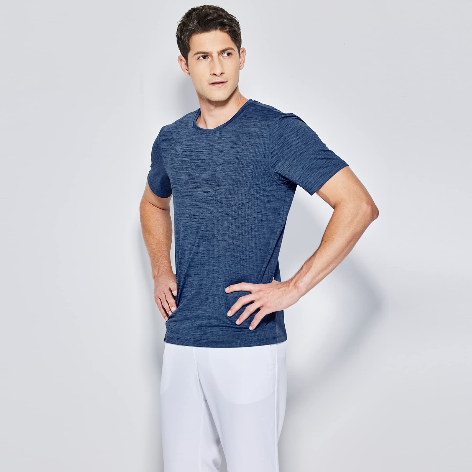 Haimont Mens Lightweight Quick Dry Crew Neck T Shirts with Pocket, Active Running Gym Workout Short Sleeve Tee, Grey, Large