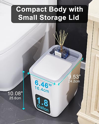 Runsand 3 Pack Small Bathroom Trash Can with Pop-Up Lid, 1.8Gal Slim Trash Bin with Storage Grid Lid, 7L Garbage Can Waste Basket for Bedroom, Laundry Room, Office, Dorms with White-Gray Colors
