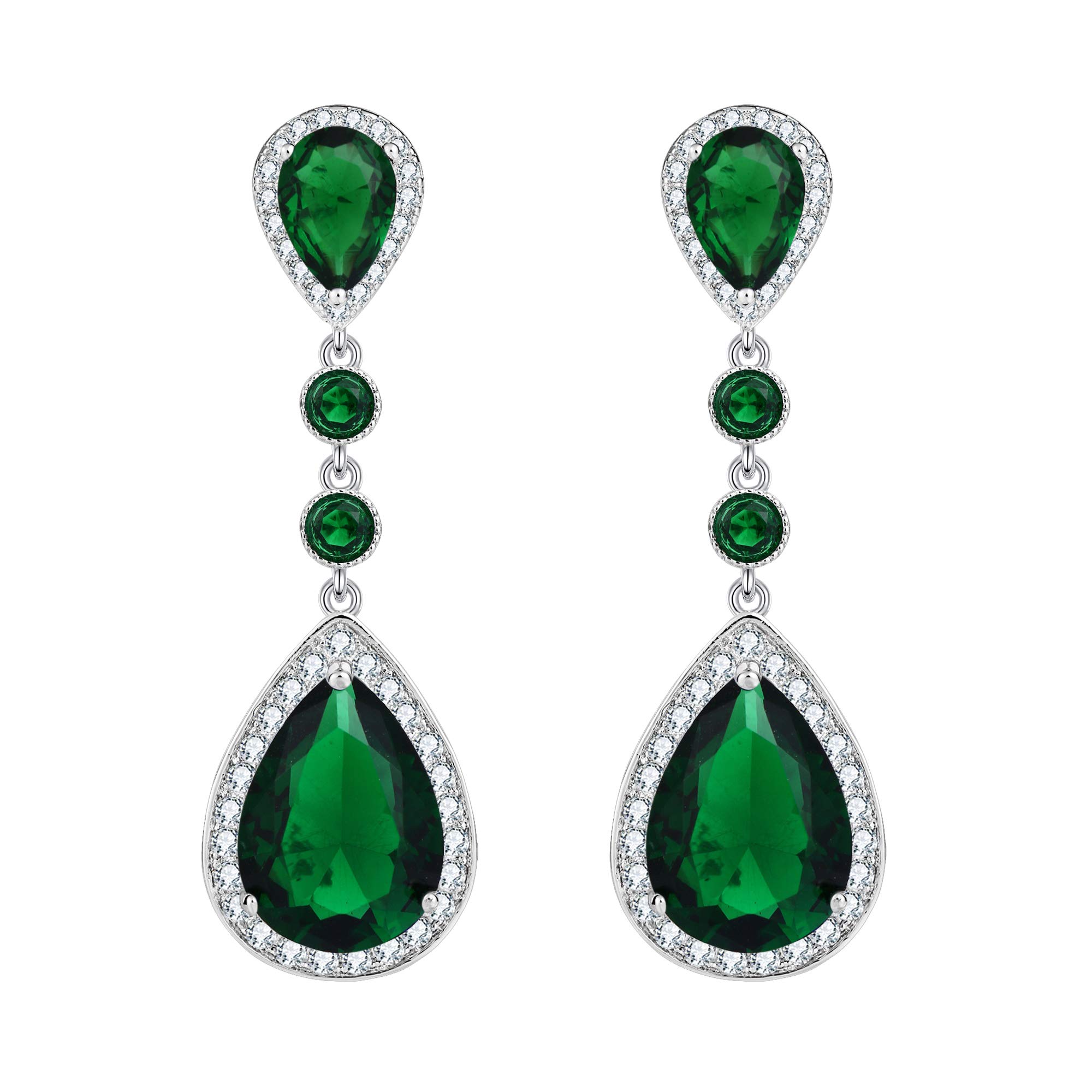 EleQueen Women's Silver-tone Cubic Zirconia Teardrop Bridal Dangle Earrings Emerald Color