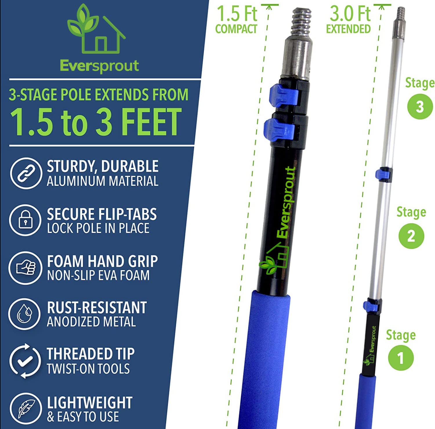 EVERSPROUT 1.5-to-3 Foot Light Bulb Changer and Extension Pole Combo | Extendable Padded Bulb Gripper securely fits Standard Bulbs, Florescent, LED, Incandescent Bulbs, More