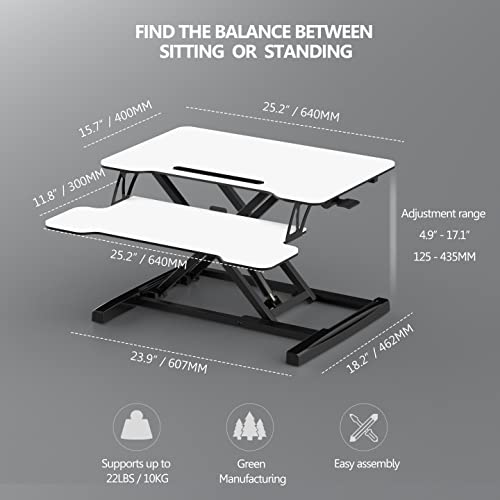 FITUEYES Stand Up Desk Standing Desk Converter Riser Adjustable Office Desk for Laptop with Deep Removable Keyboard Tray White SD260003WW