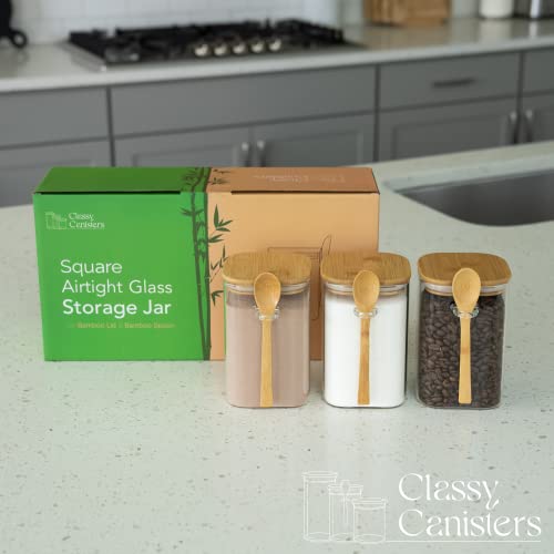 Set of 3 Square Glass Food Storage Containers With Bamboo Lids & Spoons β Decorative Airtight 40 Ounce Borosilicate Glass Food Storage Jars for Coffee, Tea, Sugar, Flour, Candy, Bath Salts & More