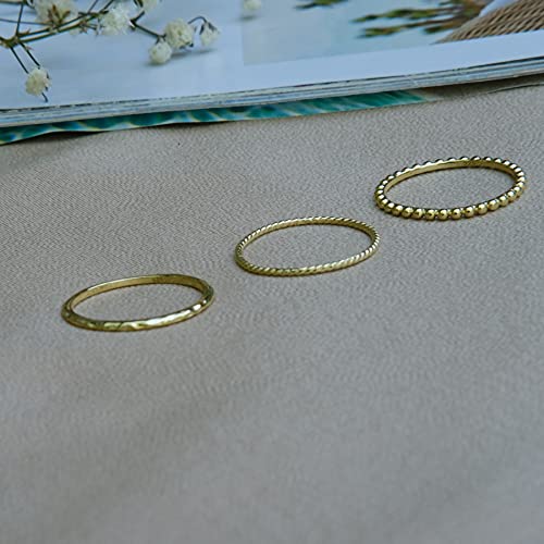 espere 18K Gold Plated Sterling Silver Stacking Ring Set of 3 | Thin Beaded Ring Twisted Rope Band Hammered Ring | Minimalist Spacer Rings | Delicate Eternity Gold Band