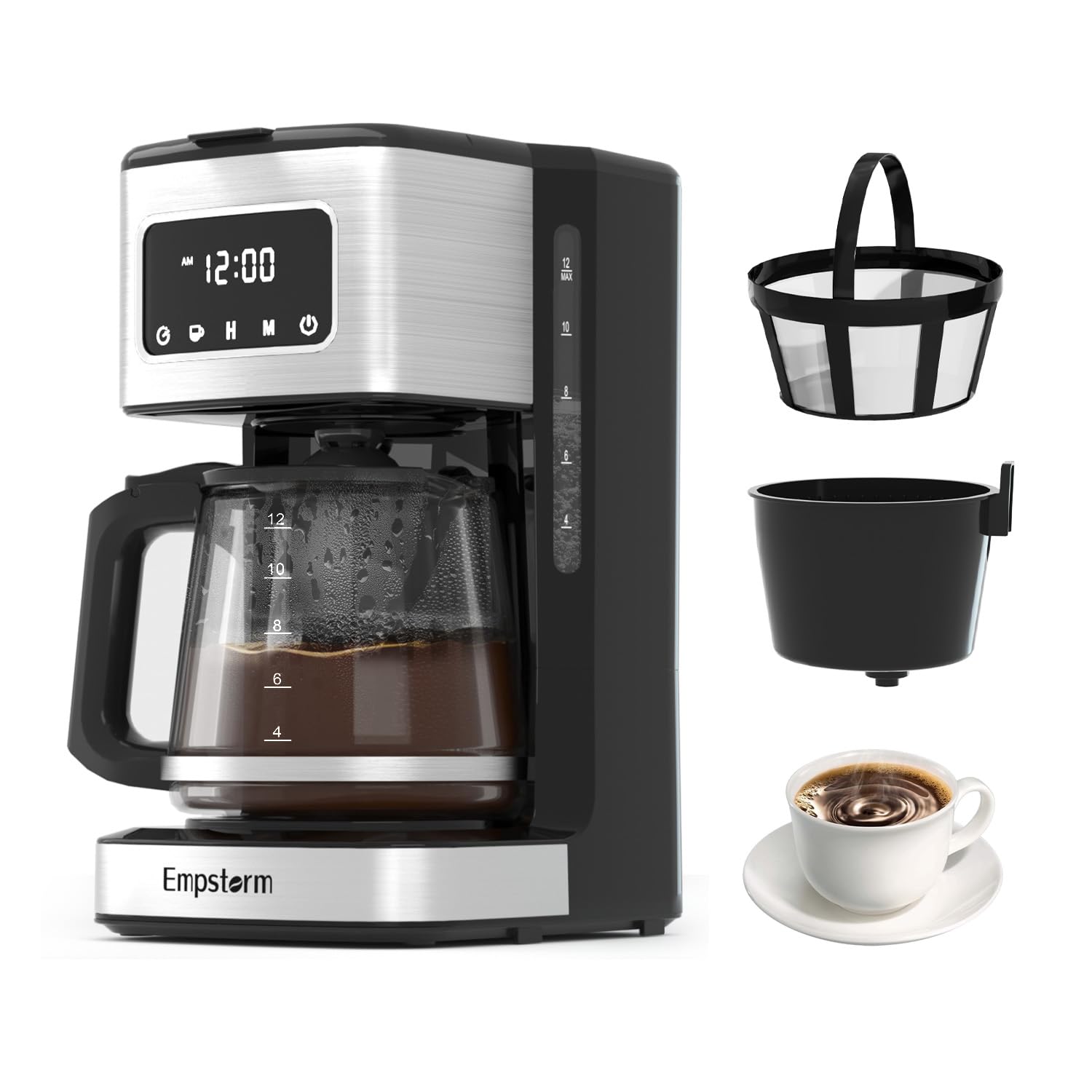 Empstorm 12 Cup Programmable Drip Coffee Maker - 1000W Fast Brew Coffee Machine with Glass Carafe, Auto Shut Off & 4-Hour Keep Warm, Anti-Drip System, Strong Brew, Black with Stainless Steel Accents