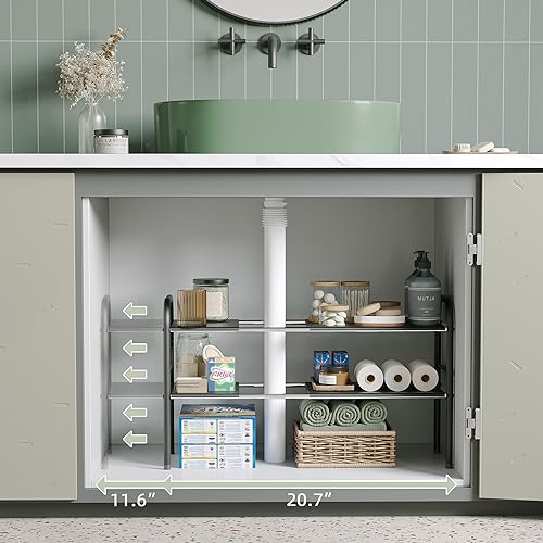 NETEL Under Sink Organizer,Expandable Cabinet Shelf Organizer 2 Tier Under Storage Rack with Removable Panels,Multi-Use for Under Kitchen Bathroom Sink Organizers and Storage