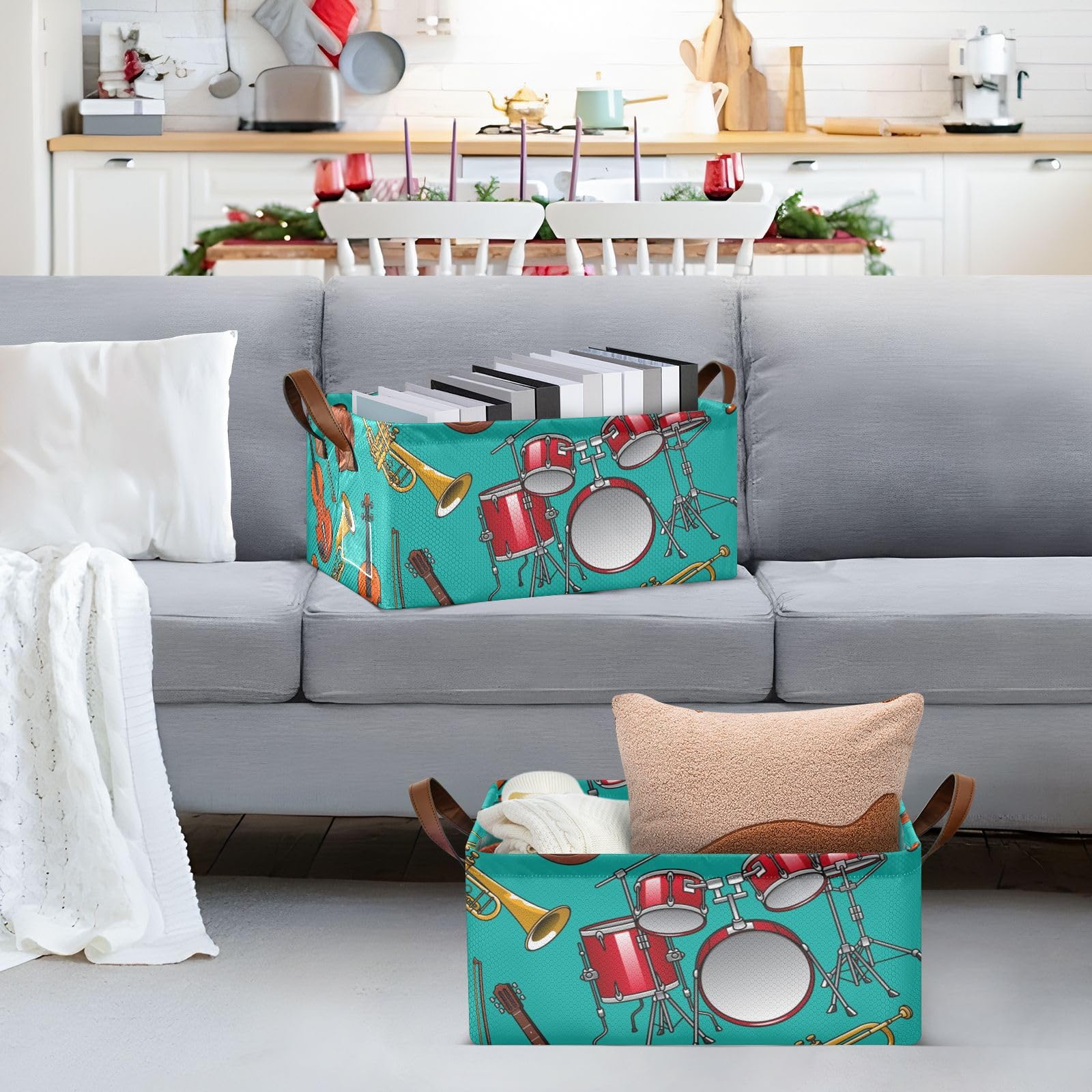 NFMILI Storage Basket Musical Instruments Print Storage Bins with Steel Frame,Foldable Storage Cube with Handles 1 Pack