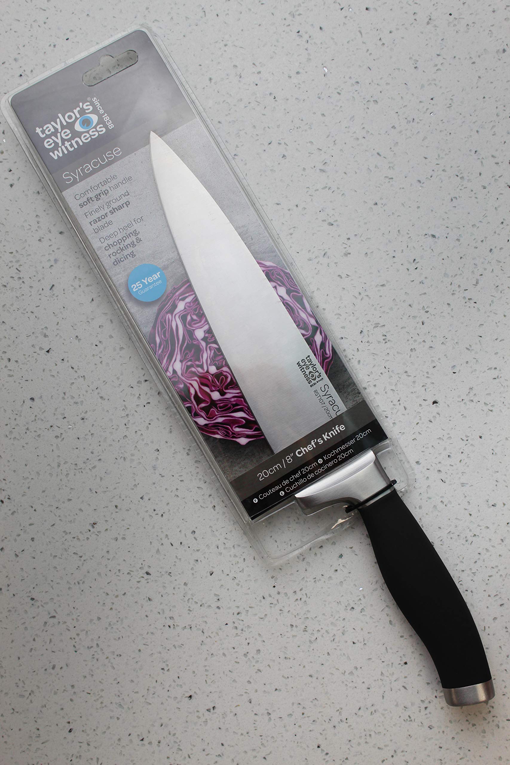 Taylors Eye Witness Syracuse Chefs/Cooks Kitchen Knife - Professional 20cm/8 Inch Cutting Edge, Multi Use. Precision Ground, Razor Sharp, Ultra Fine Blade. Soft Textured Grip Matte Black Handle.