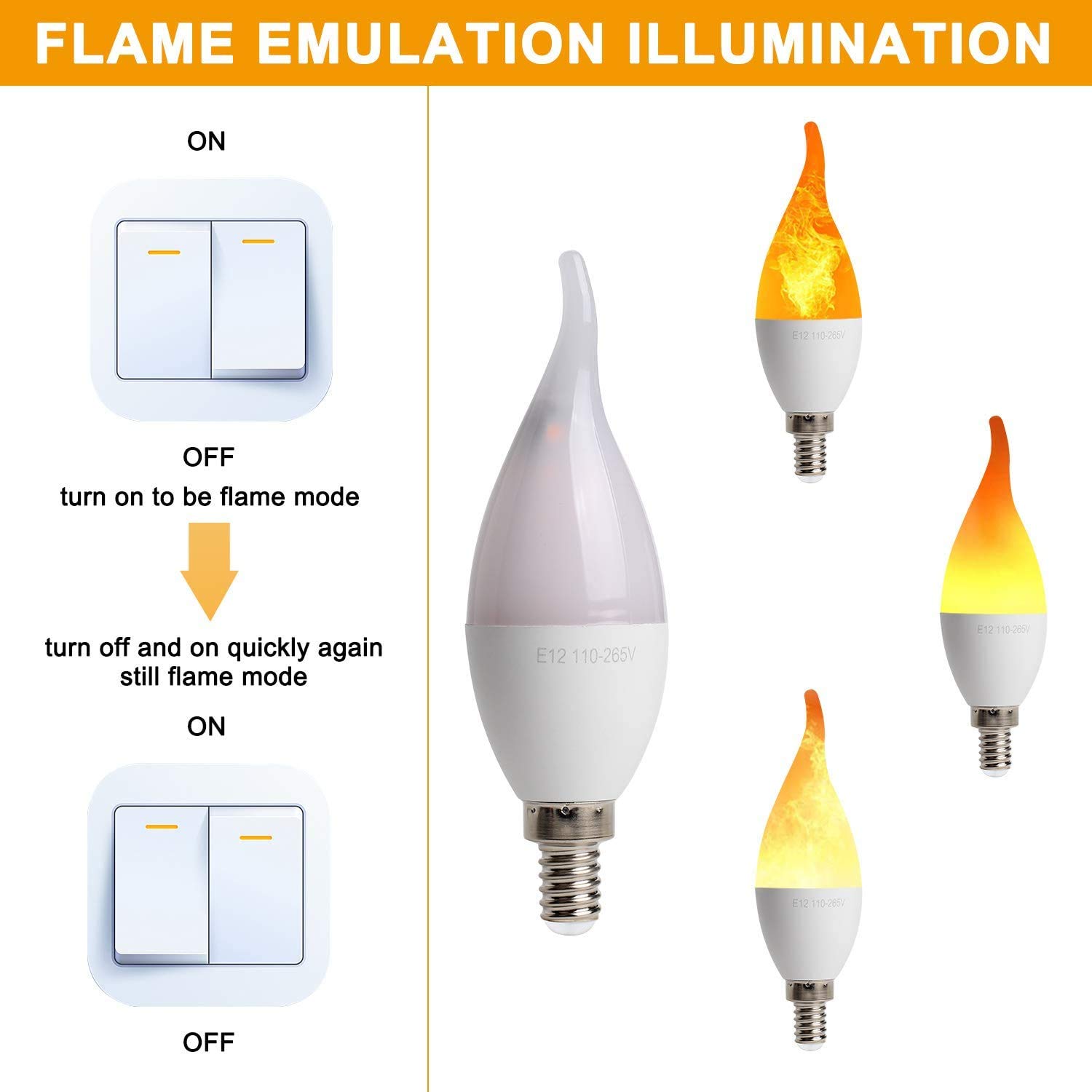 FIVEAGE LED Simulated Fire Flicker Flame Candelabra Bulbs 6 Pack,Warm White 2W 1800K Flickering E12 Flame Effect Light,3 Lighting Modes Emulation, General, Breathing for Indoor and Outdoor Decoration