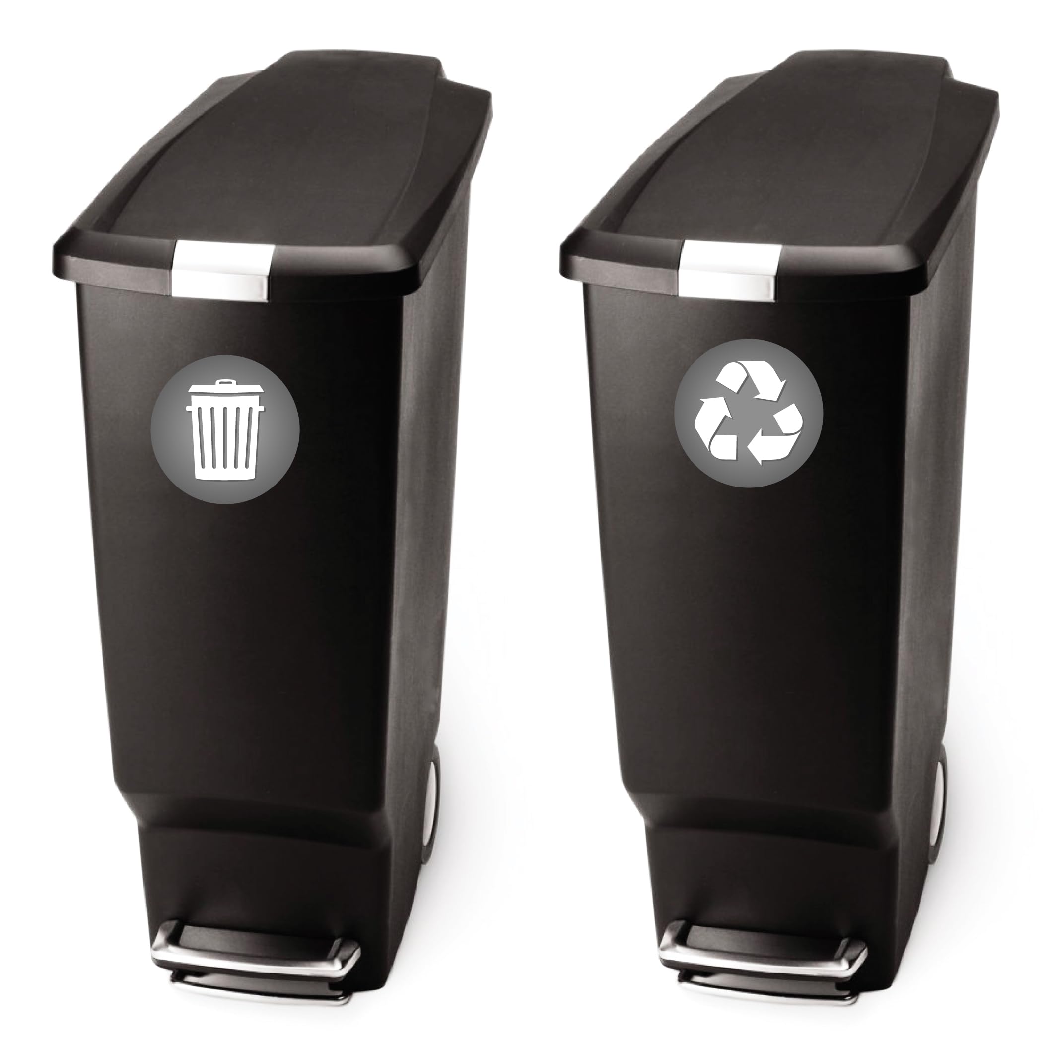 Recycle and Trash Logo Stickers 4 Pack - 4in Circle - for Metal or Plastic Garbage cans, and Bins - Indoor & Outdoor - Laminated and UV Protected Premium Decal (Grey, Small)
