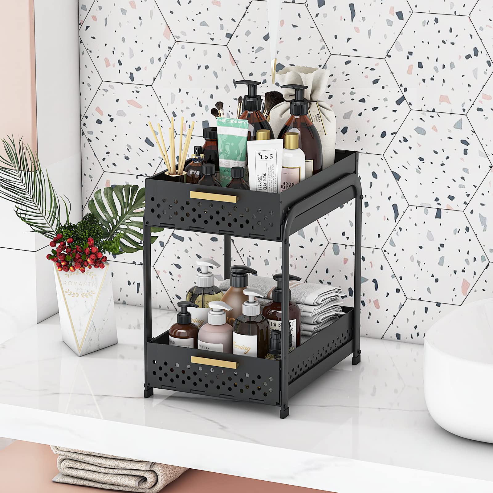 GILLAS 2 Pack 2 Tier Under Sink Organizer and Storage, Farmhouse Under Counter Storage for Kitchen, Under Cabinet Organizer for Bathroom, Sliding Basket Organizer, Black