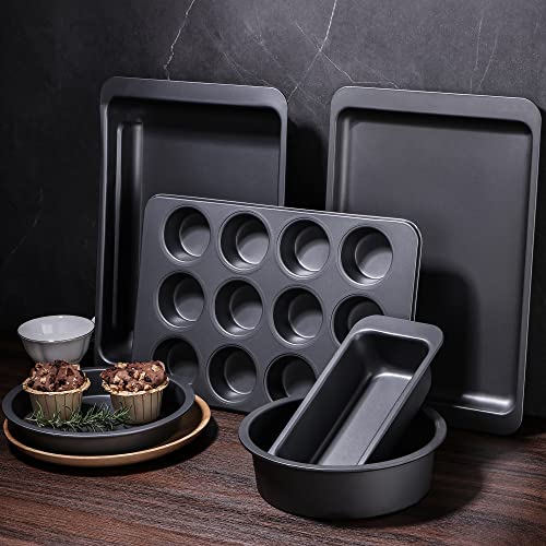 HONGBAKE Nonstick Baking Pans Set, Bakeware Sets of 6,Professional Baking Sheet Set for Loaf, Muffin, Cookie,Heavy-duty Carbon Steel - Grey