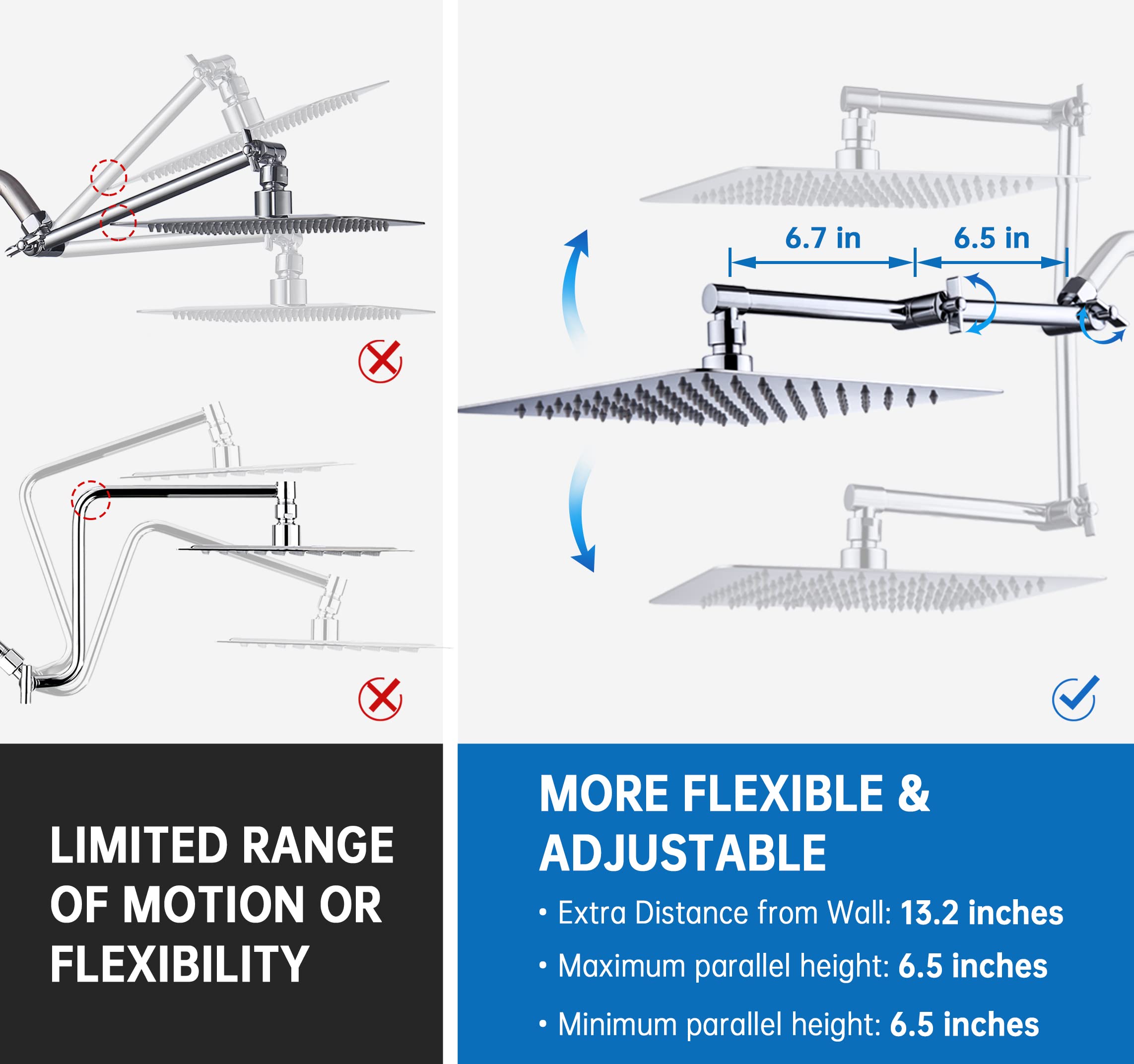 G-Promise Rain Shower Head with 13" Adjustable Extension Arm | High Pressure All Metal Rainfall Showerhead | 10" Luxury Modern Look Square Large Waterfall Showerhead (Chrome)
