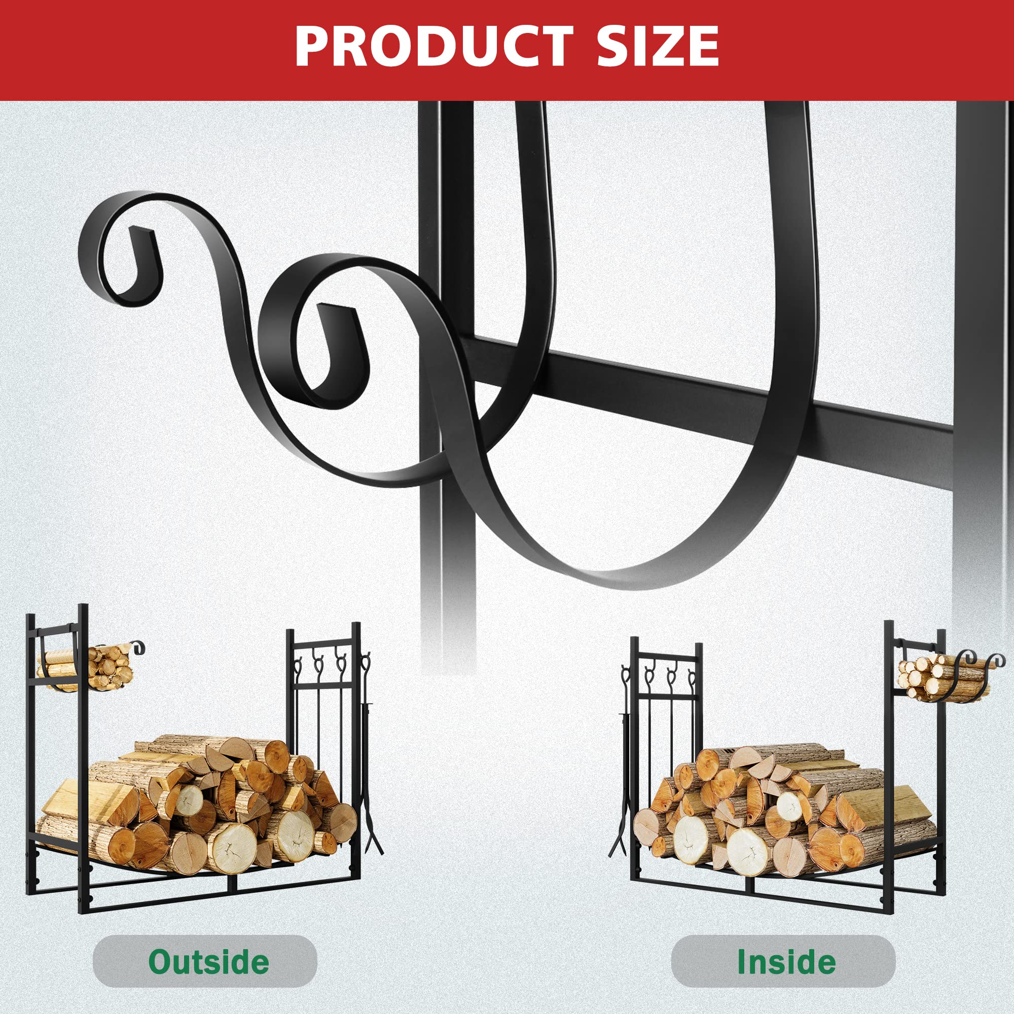 JINLLY Firewood Rack, 29.1 Inch Heavy Duty Wood Log Rack Storage Holder with Kindling Holder and 4 Tools, Outdoor Indoor Iron Fire Wood Rack Holder for Fireplace