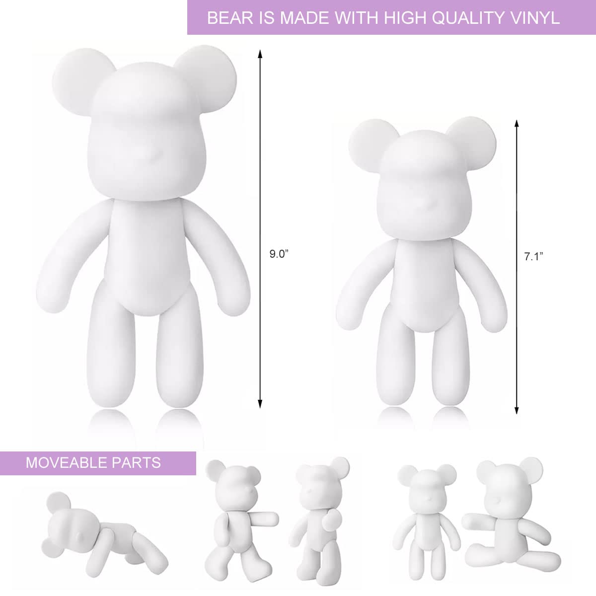 InSassy 7" Easy DIY Create customize Art and Craft kits Non-Toxic Pour Over Acrylic Fluid Paint Bear Kit for boys and girls - White-Lavender-Pink Kit