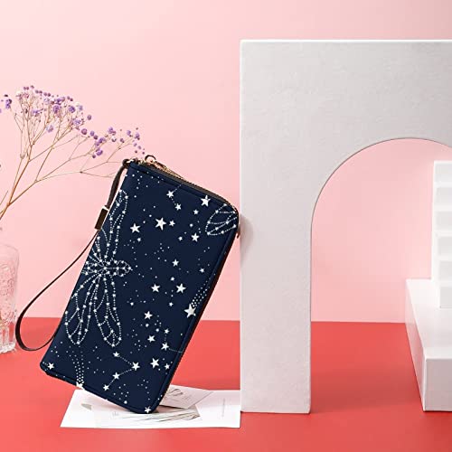 FunnyStar Dragonfly Constellations And Stars Women's Long RFID Hand Wallet Wristlet Clutch Purse PU Leather Handbag with Wrist Strap