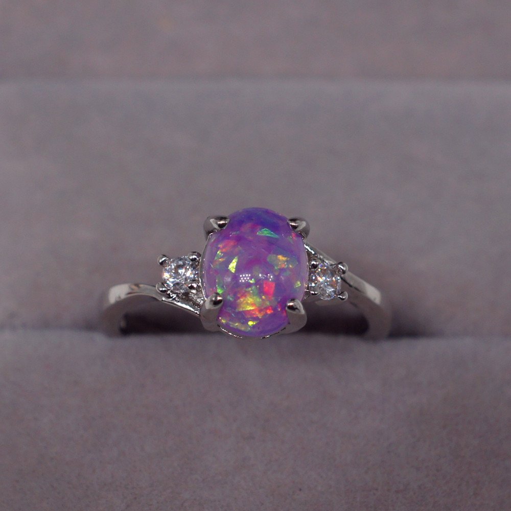 Exquisite Women's Sterling Silver Ring Oval Cut Fire Opal Diamond Band Rings Stacking Rings (Purple, One Size)