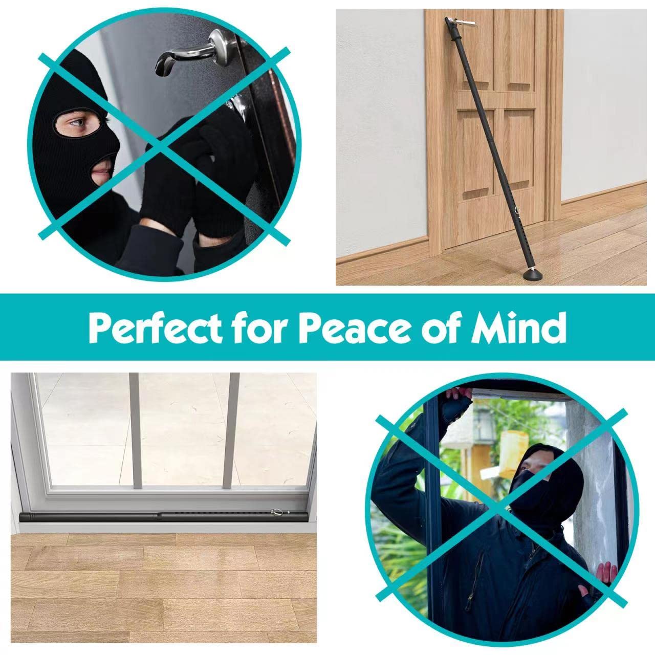 Door Security Bar & Sliding Patio Door Security Bar, 19 to 52 Inch Adjustable Door/Window/Sliding Door Security Bar from Inside, Heavy Duty Door Stopper for Apartment, Home Security, 2Pack