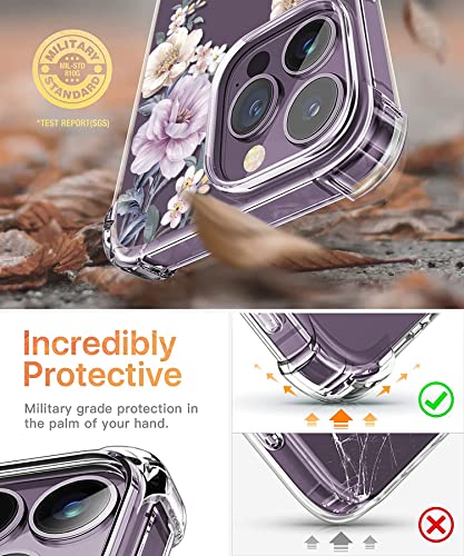 ROSEPARROT Designed for iPhone 14 pro max Case with Tempered Glass Screen Protector + Camera Lens Protector, Clear with Floral Pattern Design, Shockproof Protective Cover (Anemone Blooms)