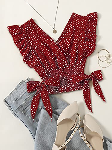 LYANER Women's V Neck Polka Dots Ruffle Cap Sleeve Shirred Hem Blouse Crop Tank Top Red Small