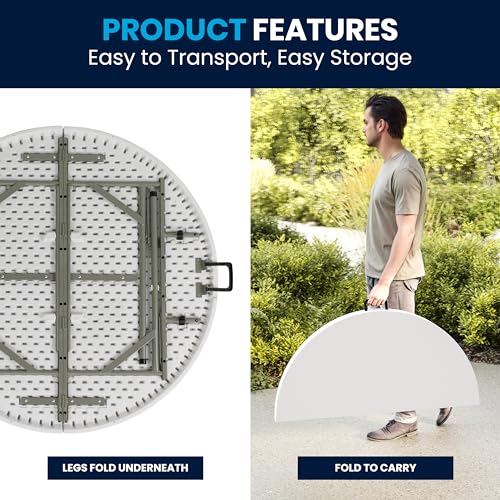 Flash Furniture Freeman 4' Round Plastic Folding Event Table with Carrying Handle, Bi-Fold Portable Banquet Table for Indoor/Outdoor Events, White