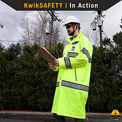 KwikSafety - Charlotte, NC - TORRENT High Visibility Rain Gear - FOLDABLE HOOD - Class 3 ANSI OSHA Reflective Waterproof Trench Safety Jacket/XL