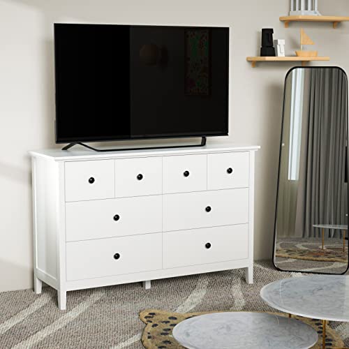 LYNSOM Dresser for Bedroom, Modern White Dresser with Deep Drawers, 6 Drawer Double Dresser with Black Knobs and Solid Wood Legs