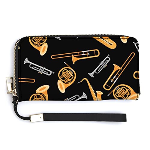 FunnyStar Trombone Trumpet Saxophone Women's Long RFID Hand Wallet Wristlet Clutch Purse PU Leather Handbag with Wrist Strap