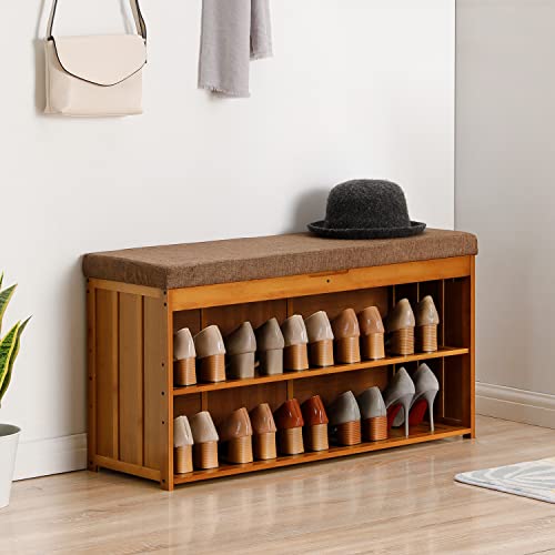 MoNiBloom Bamboo 2 Tiers Shoe Rack Organizer Changing Stool Bench with Flip-Open Storage Box Padded for Hallway, Bathroom, Bedroom - Brown (6-10 Pairs)